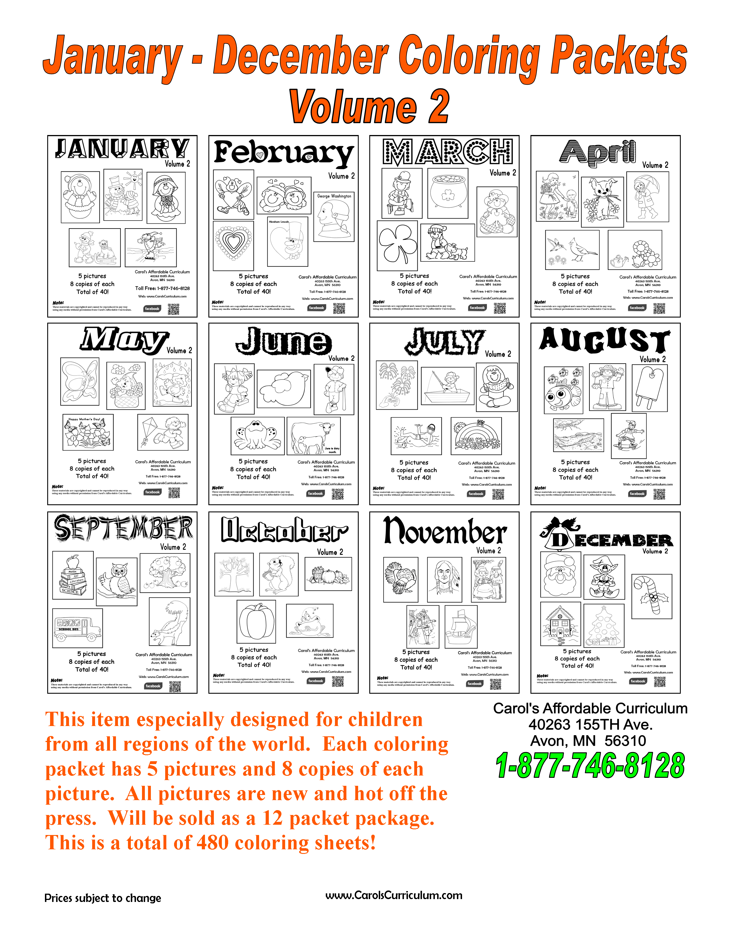 12 Month coloring Packet Vol. 2: Carol's Affordable Curriculum Online store
