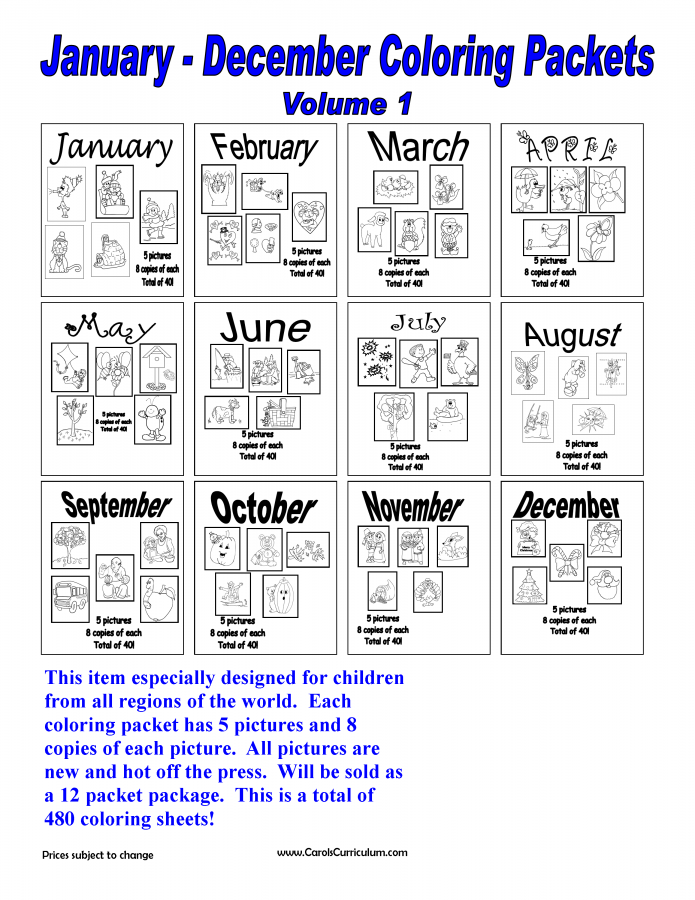 12 Month Coloring Packet Vol. 1: Carol's Affordable Curriculum Online store