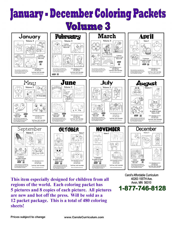 12 Month Coloring Packet Vol. 3: Carol's Affordable Curriculum Online store